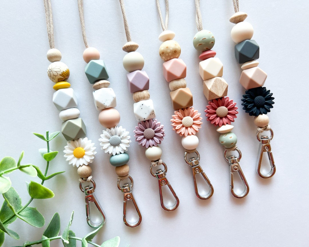 Flower Daisy Boho Colors Teacher Lanyard, Silicone & Wood Beaded ...