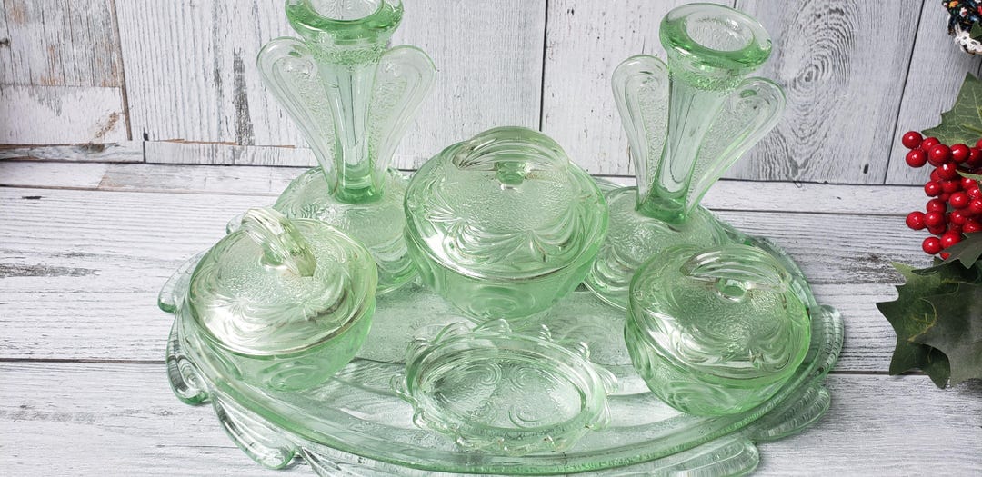 Vintage Art Deco Glass Dressing Table Set Including Candlesticks and ...