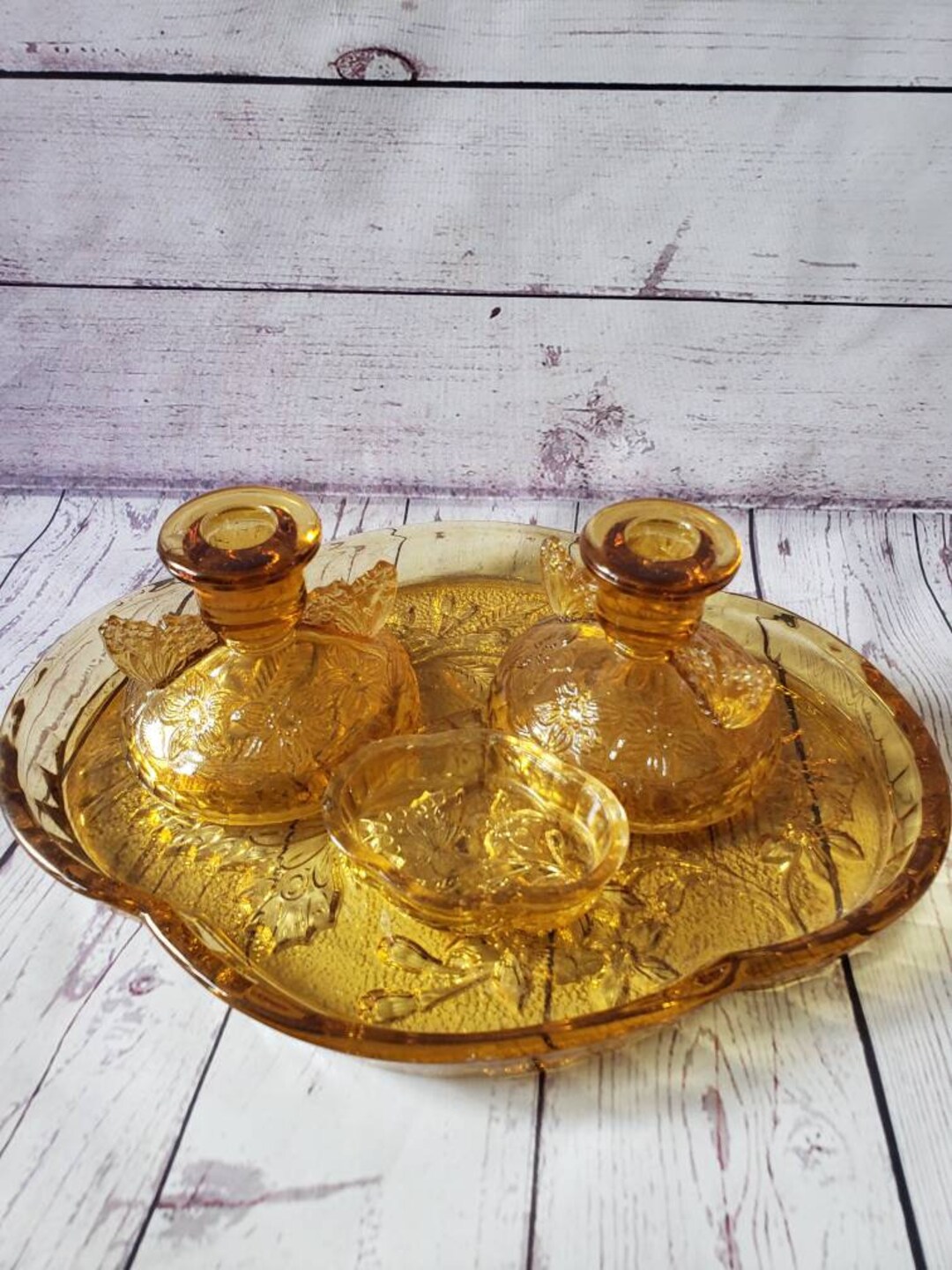 Vintage Art Deco Glass Dressing Table Set Including Candlesticks and ...