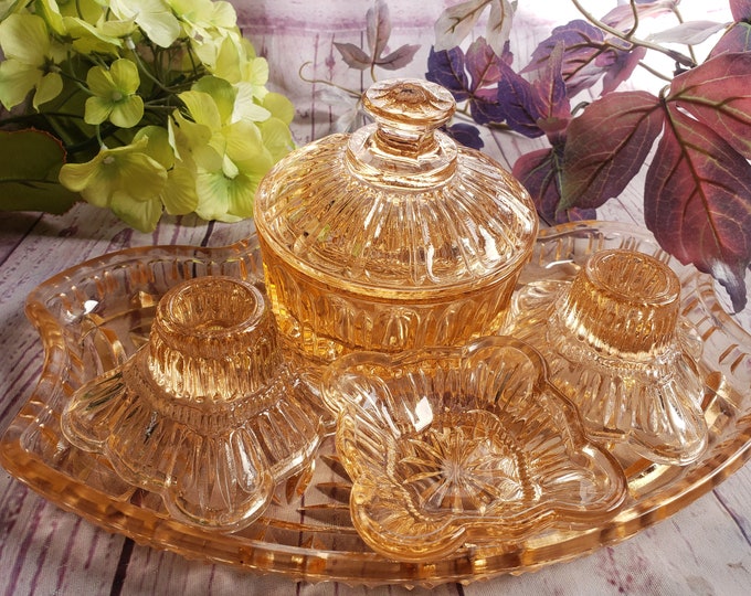 A Vintage Mid Century, Peach Glass Dressing Table Set on Tray - Etsy
