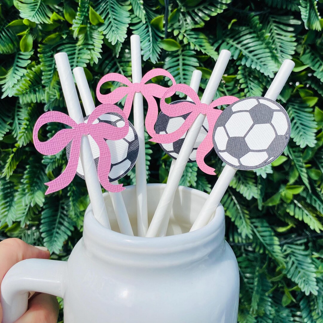 Soccer Ball & Pink Bow Paper Straws, Girls Soccer Party Decor, Soccer ...