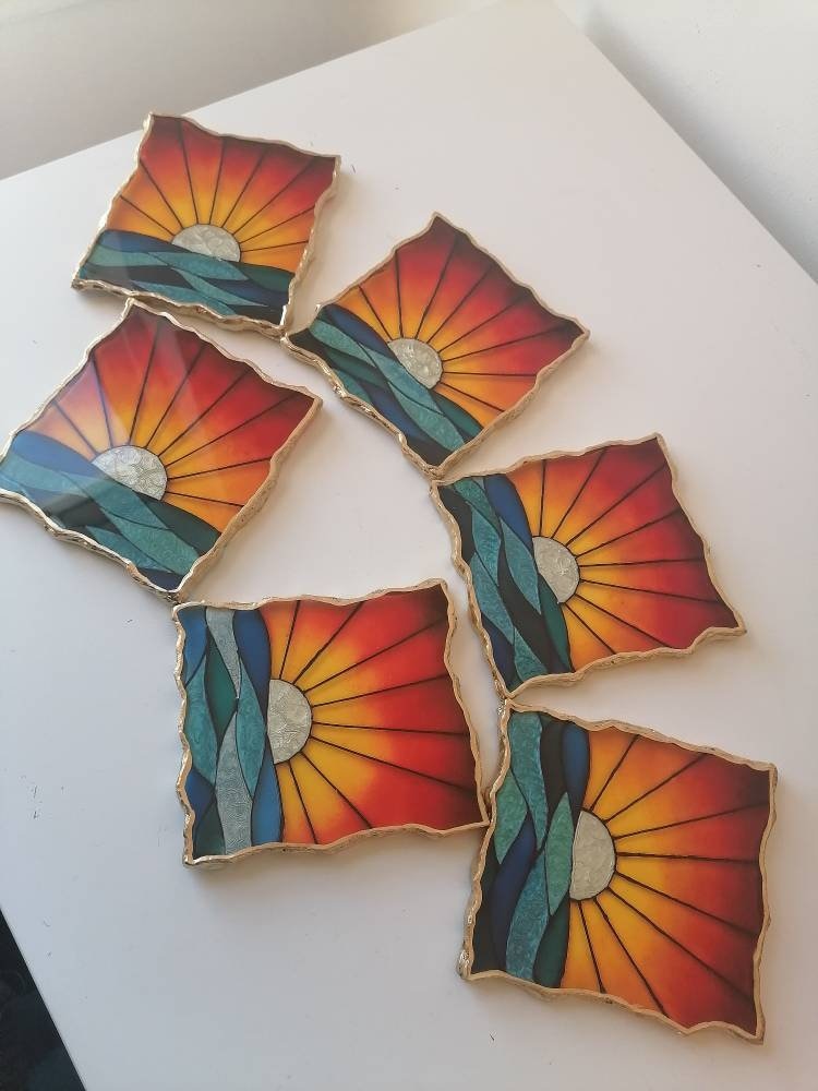 Sunset Stained Glass Square Resin Coaster - Etsy UK