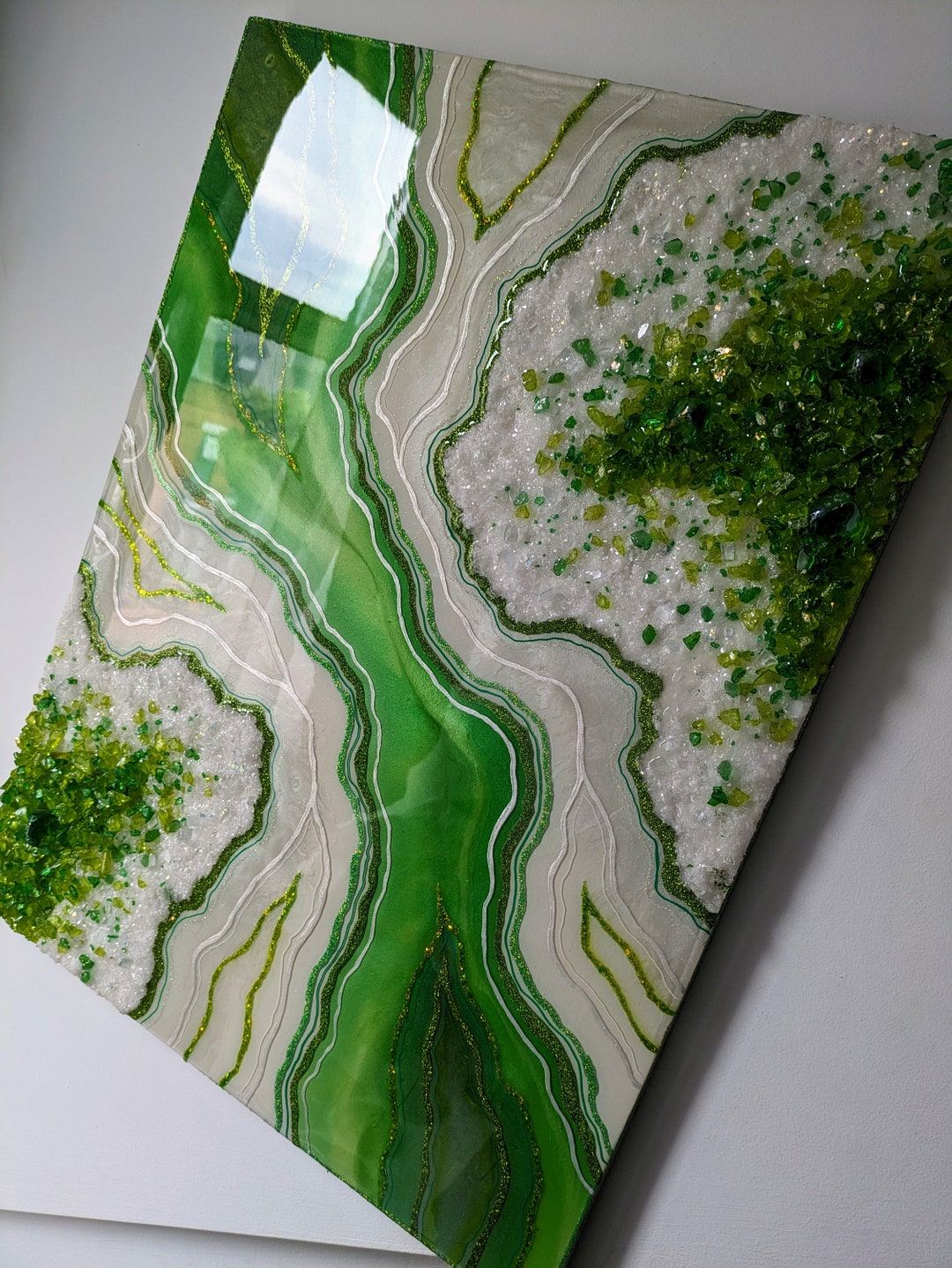 Green and White Resin Geode Wall Art, Crushed Glass Decor, Textured ...