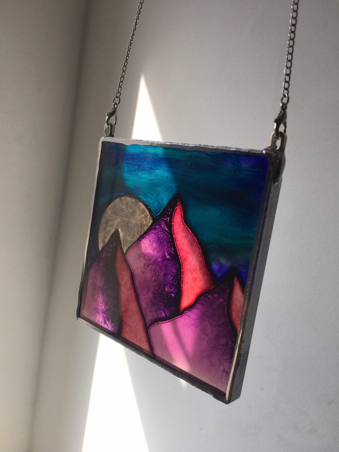 Faux Stained Glass, Resin Art, Mountain Moon Stained Glass, Suncatcher ...