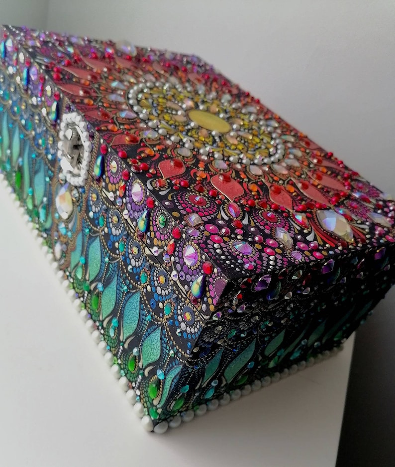 Jewelled Rainbow Dot Mandala Wooden Box Bling Box Crystal - Etsy