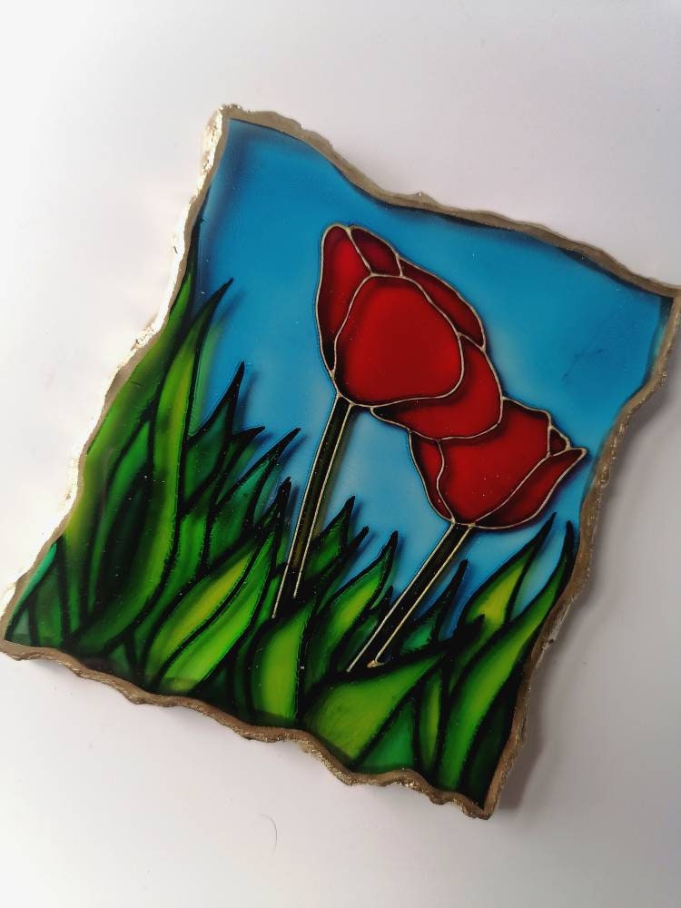 Poppy Fields Stained Glass Square Resin Coaster | Etsy