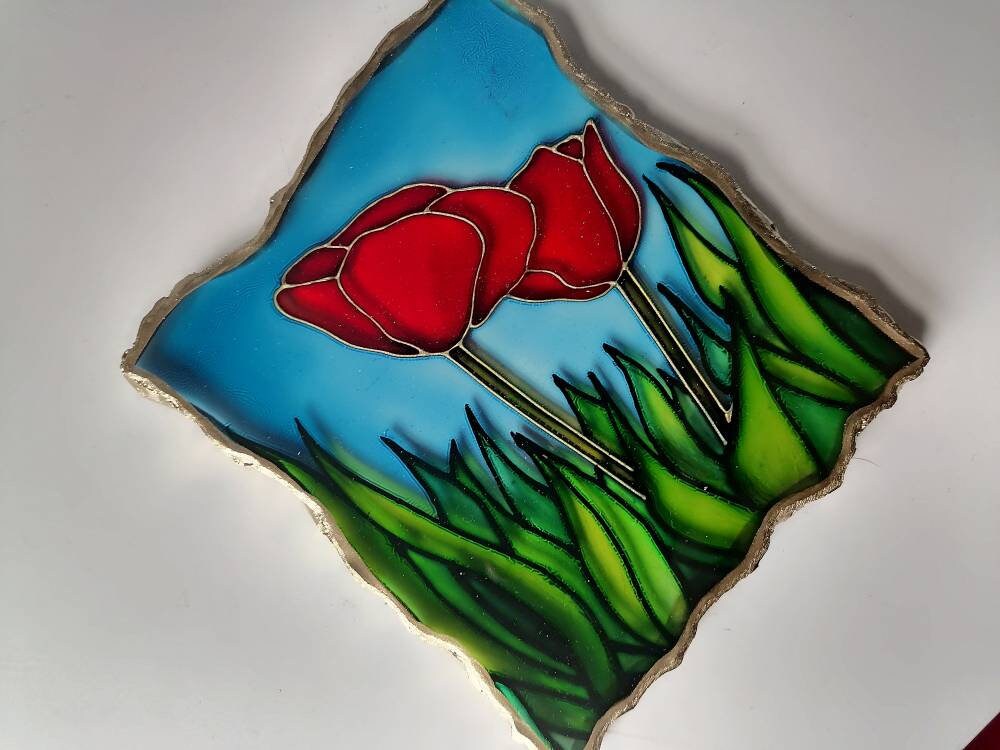 Poppy Fields Stained Glass Square Resin Coaster | Etsy