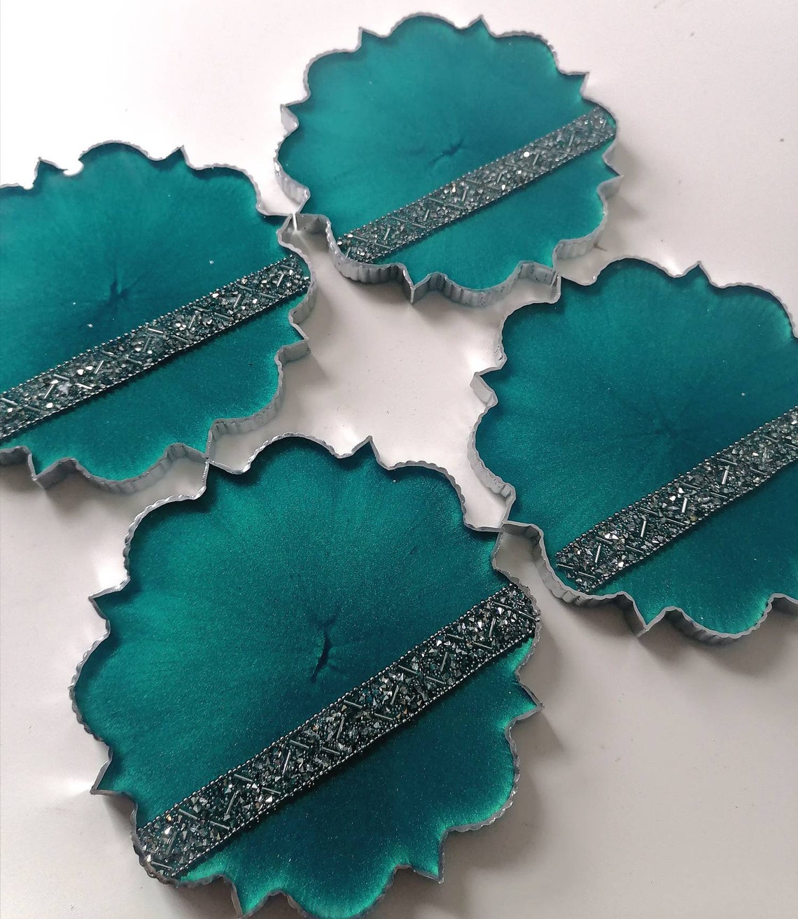 Teal and Silver Resin Coasters: Iridescent Rhinestone Decor, Set of 4 ...