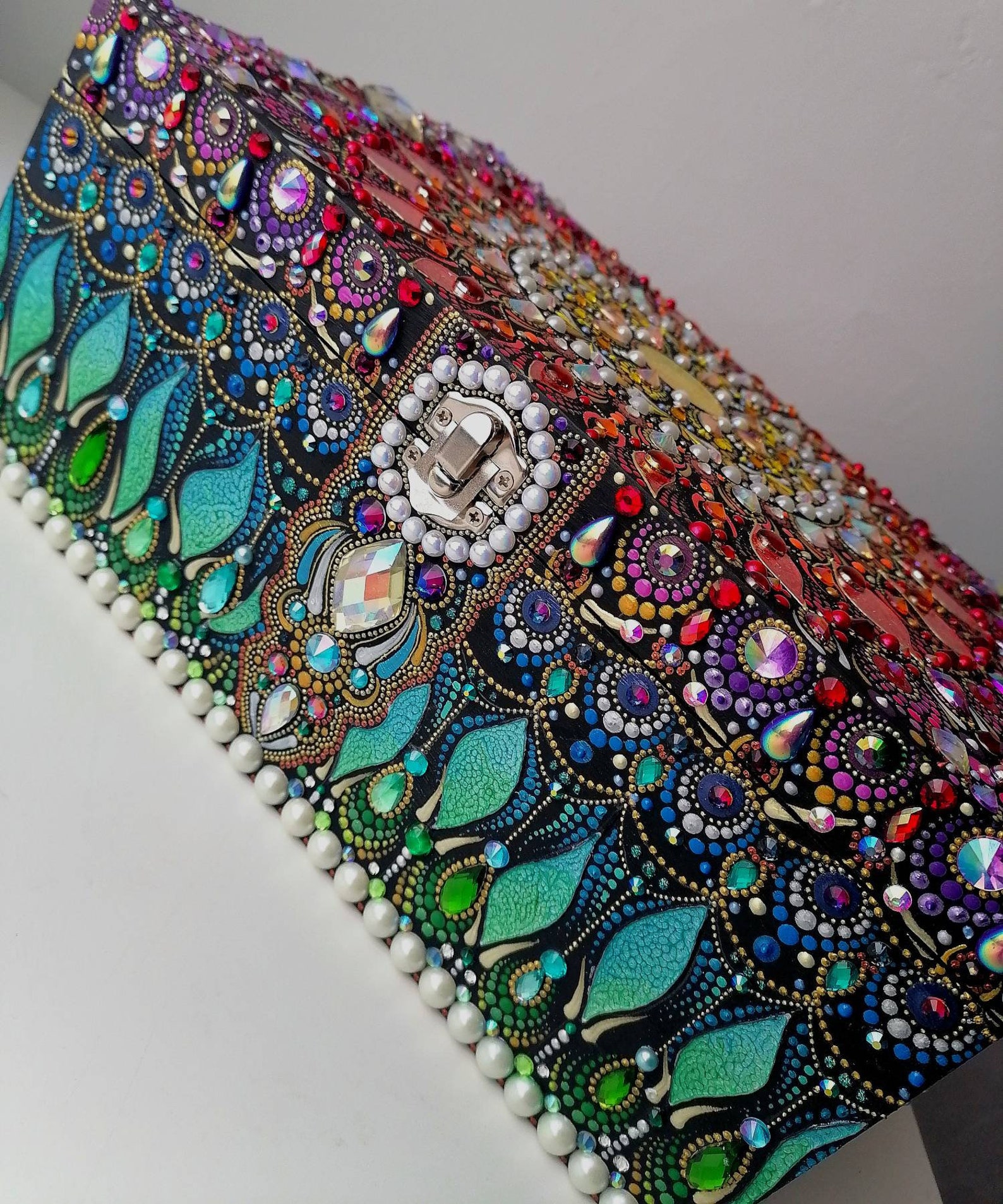 Jewelled Rainbow Dot Mandala Wooden Box, Bling Box, Crystal Storage ...