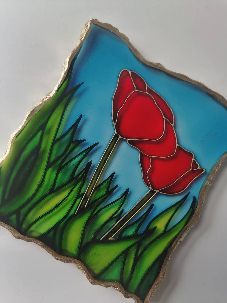 Poppy Fields Stained Glass Square Resin Coaster | Etsy