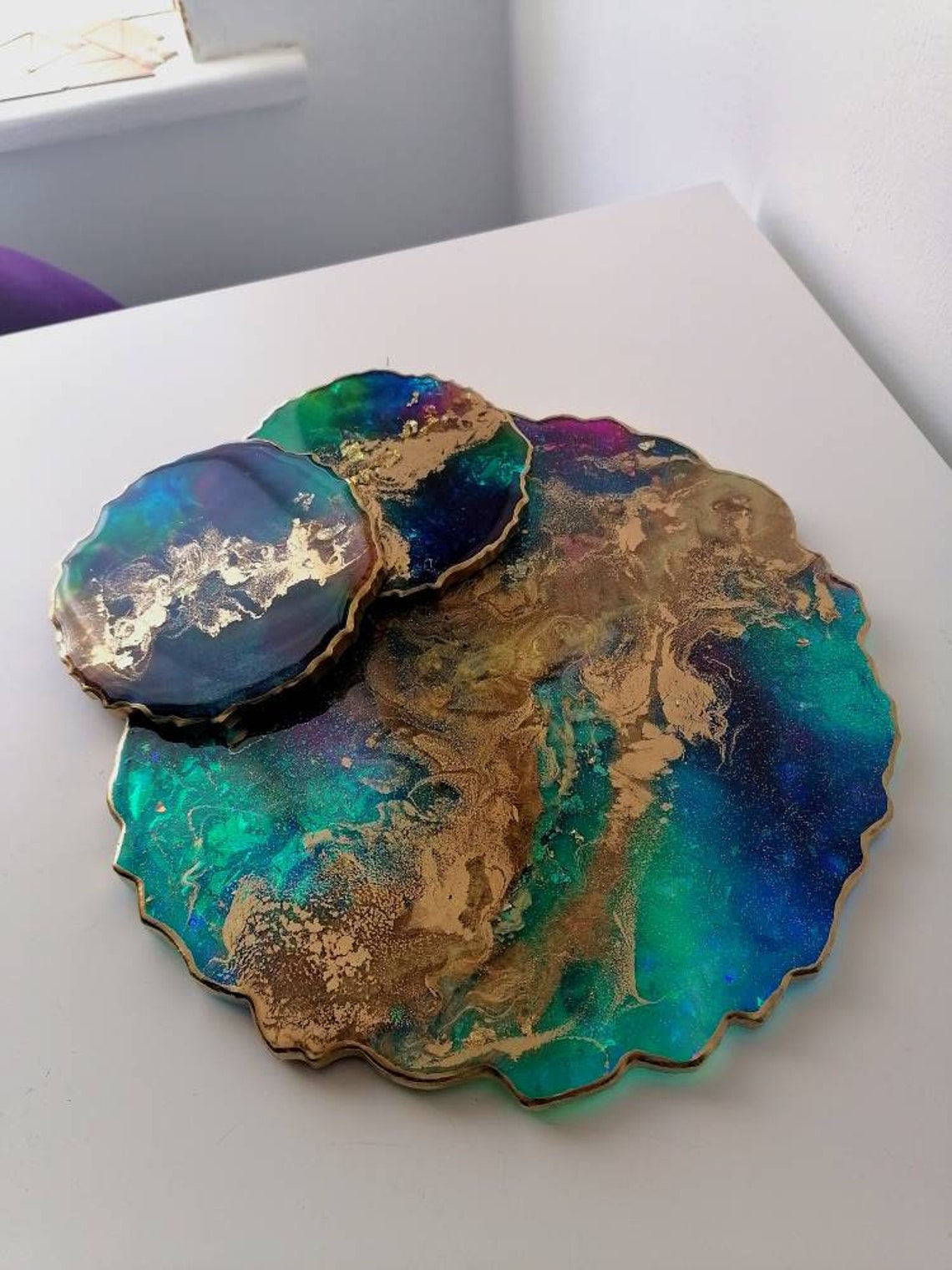 Opal and Gold Resin Geode Tray and Coaster Set | Etsy