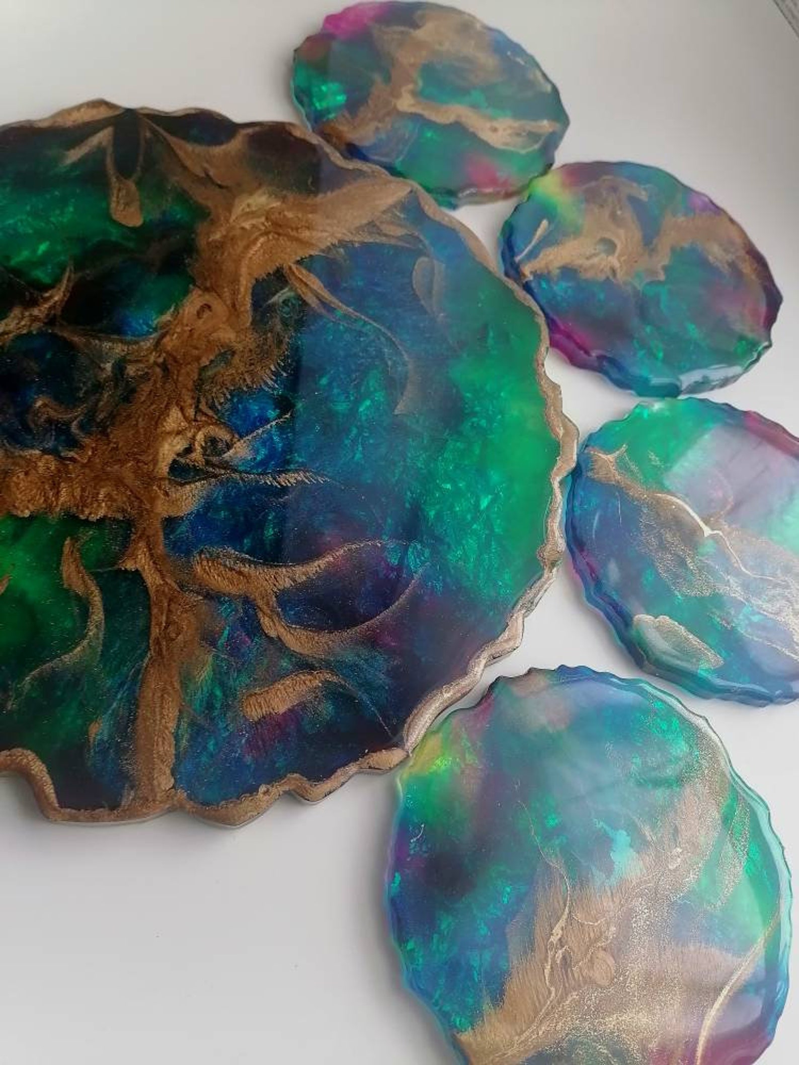 Opal and Gold Resin Geode Tray and Coaster Set | Etsy