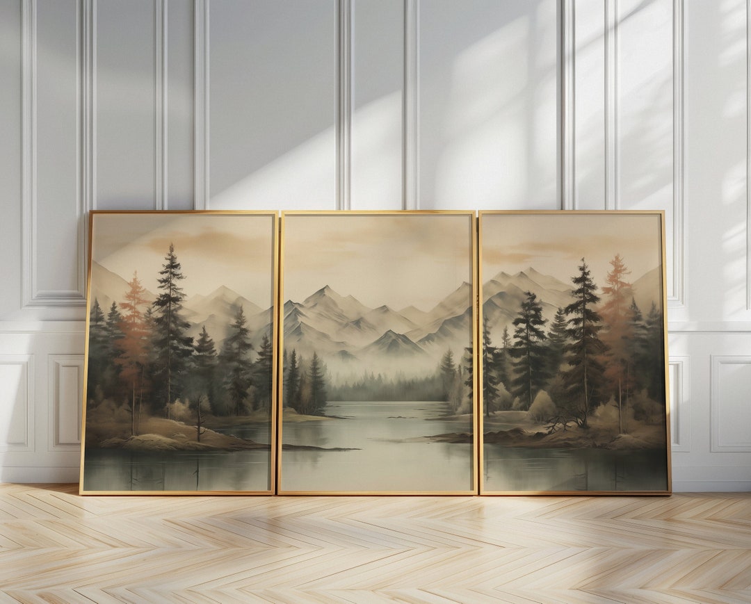 Wall Art Set of 3 Piece Prints Mountain Forest Lake Watercolor Vintage ...
