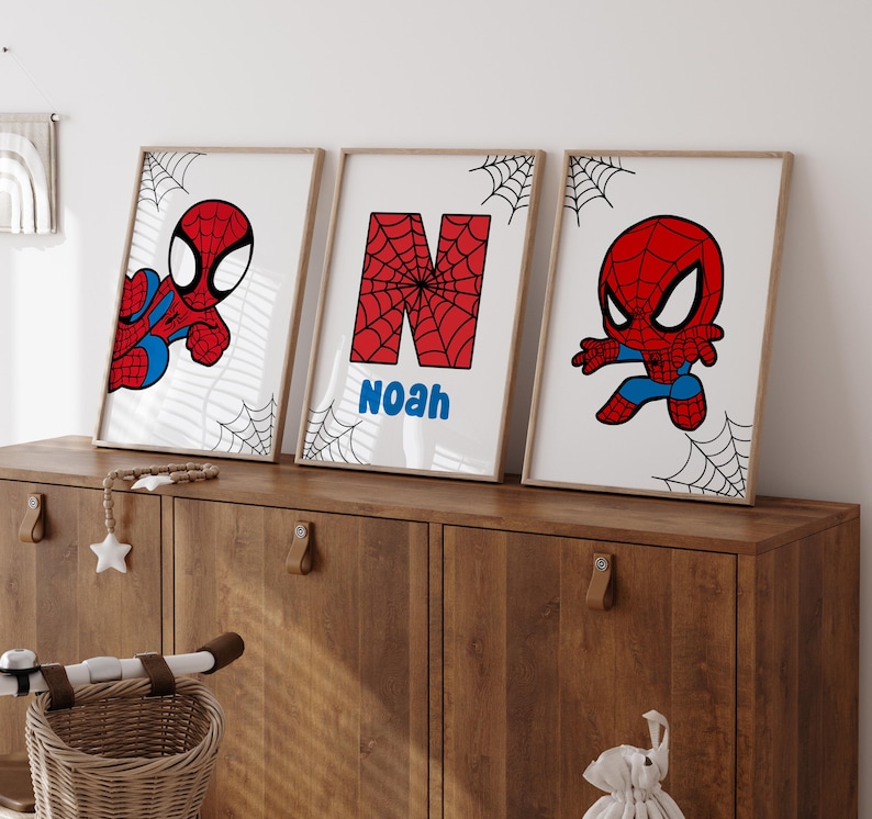 Spiderman Themed Wall Art Set of 3 Custom Prints Nursery Superhero Boys ...