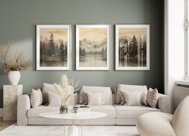 Wall Art Set of 3 Piece Prints Mountain Forest Lake Watercolor Vintage ...