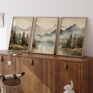 Set of 3 Piece Wall Art Prints Mountain Lake Forest Watercolor Vintage ...