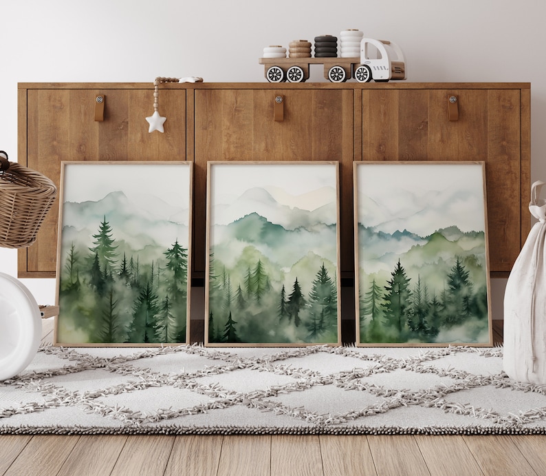 Juego de 3 láminas decorativas de pared: Bosque de pinos verde salvia ...