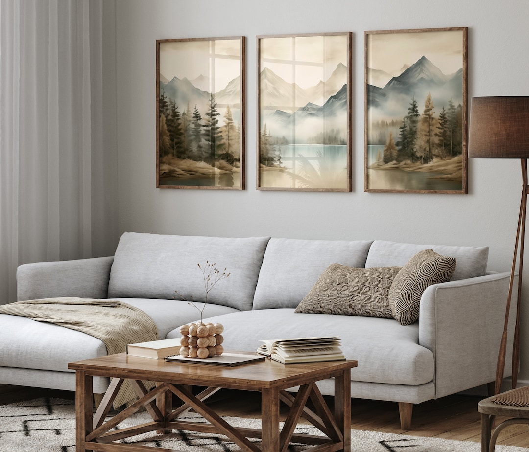 Set of 3 Piece Wall Art Prints Mountain Lake Forest Watercolor Vintage ...