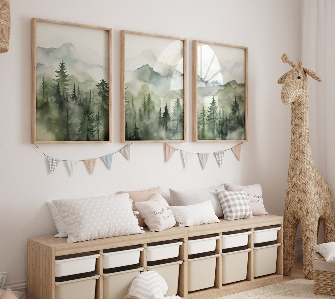 Juego de 3 láminas decorativas de pared: Bosque de pinos verde salvia ...