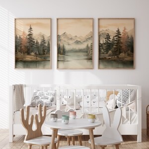 Wall Art Set of 3 Piece Prints Mountain Forest Lake Watercolor Vintage ...