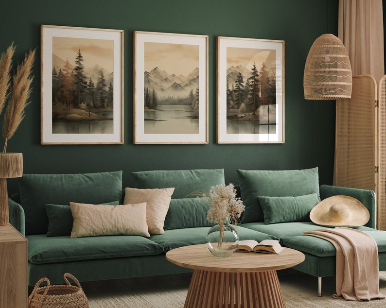Wall Art Set of 3 Piece Prints Mountain Forest Lake Watercolor Vintage ...
