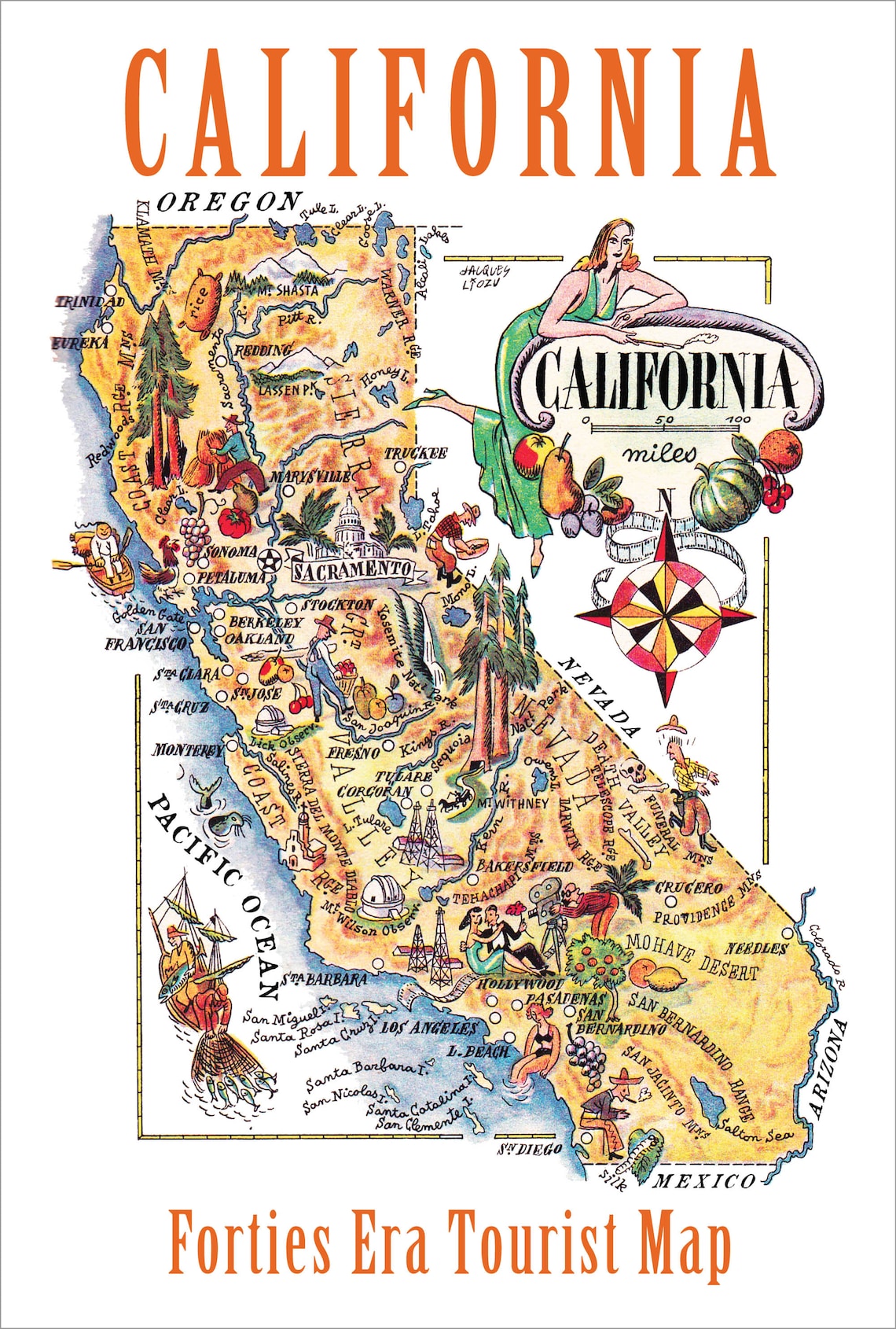 Funny California Tourist Map T Pictorial Map T-Shirt 1940s | Etsy