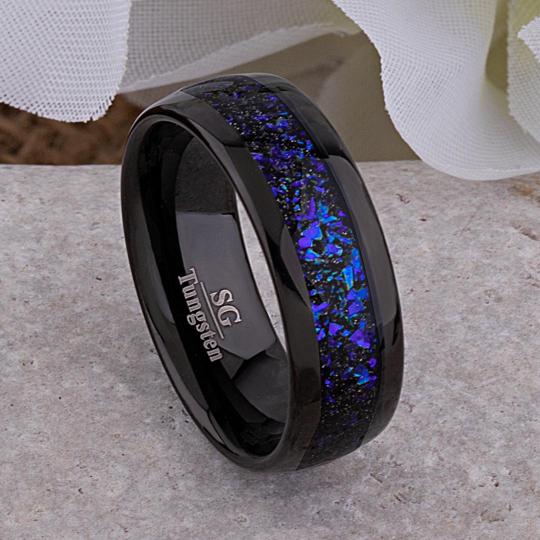 Celestial Galaxy Black Tungsten Wedding Band 8mm With Crushed Blue ...