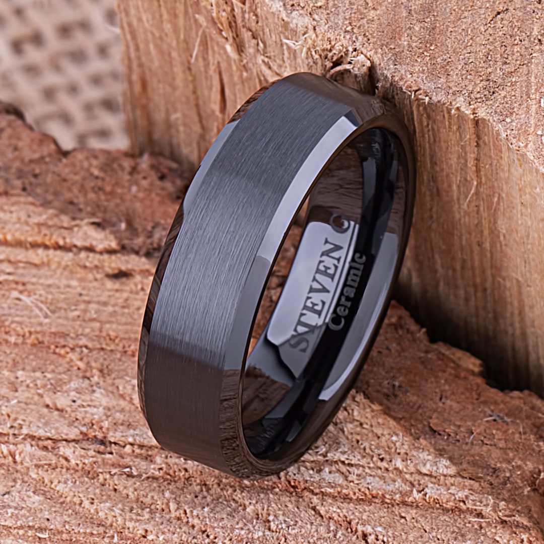 Ceramic Mens Wedding Ring or Engagement Band 7mm Wide Flat With Beveled ...