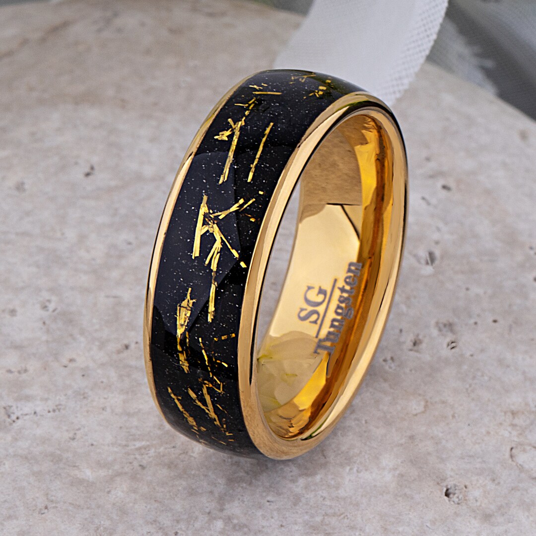 Yellow Gold Leaf and Black Sandstone Tungsten Wedding Band 8mm, Promise ...