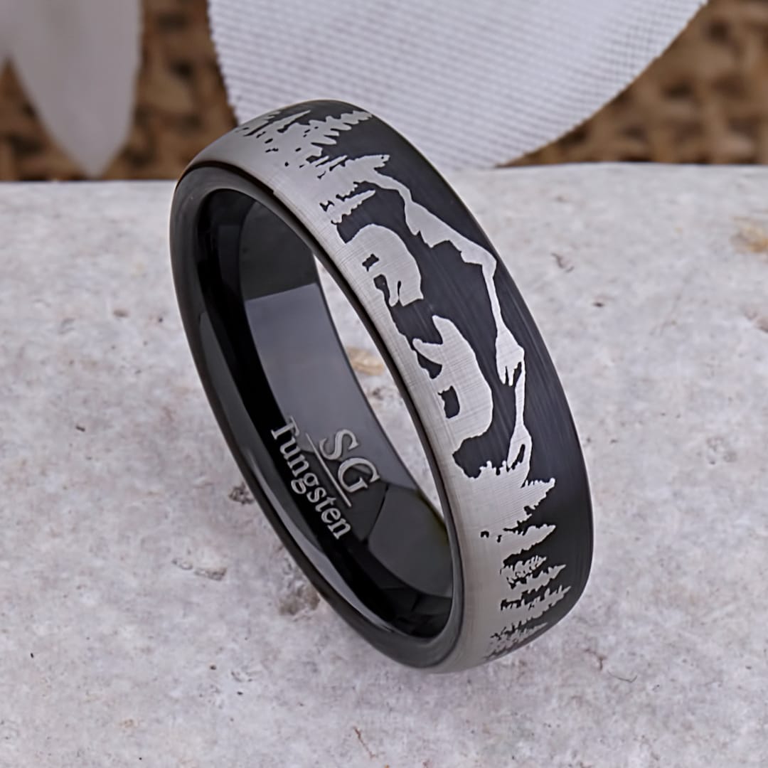 Mother & Cub in Forest Tungsten Carbide Ring, Black Wedding Band 6mm ...