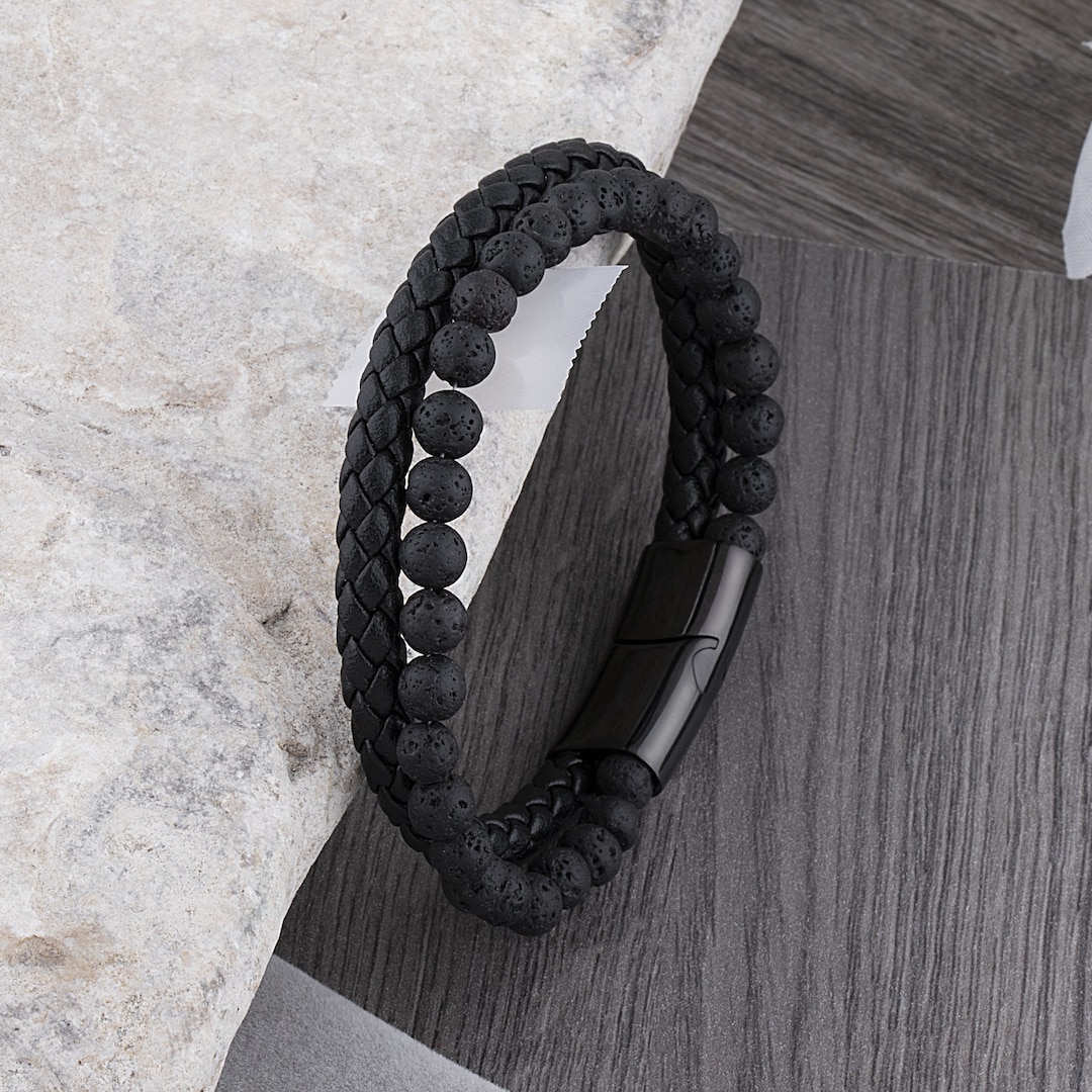 Men's Black Bracelet With Braided Leather, Round Lava Beads and a ...