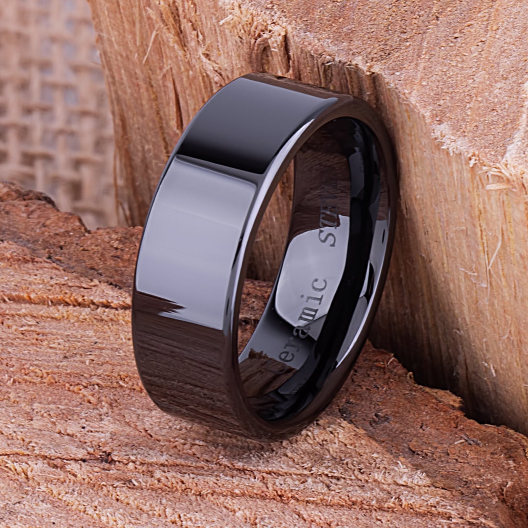 Ceramic Mens Wedding Ring or Mans Engagement Band 8mm, Black Minimalist ...