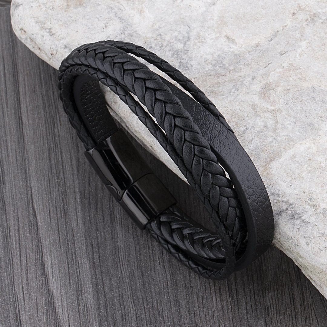 Men's Black Braided Leather Bracelet: Stainless Steel Magnetic Clasp - Etsy