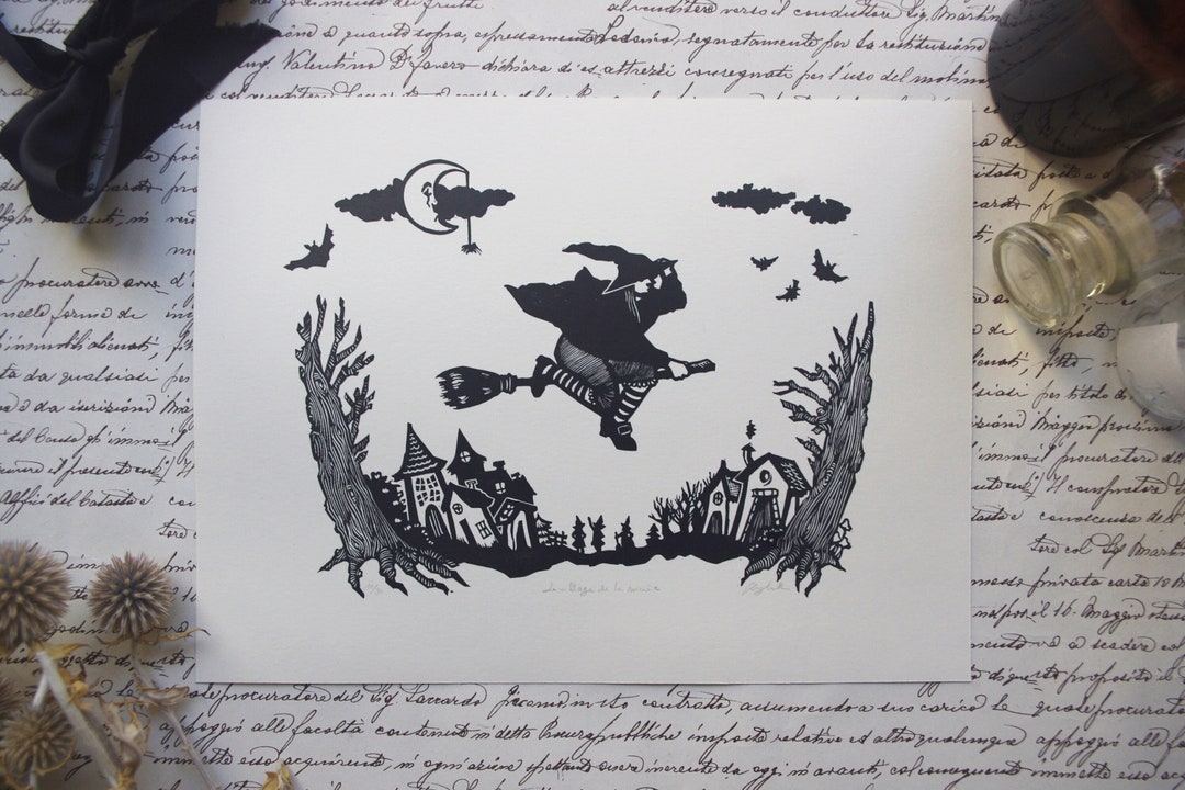 The Witch's Village. Linocut Hand Printed. Linocut Engraved and Printed ...