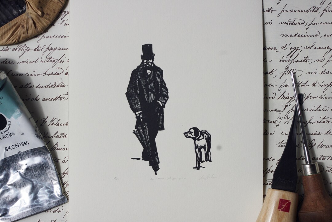 Linocut the Man and His Dog. Hand-printed Linocut. A Man and His Dog ...