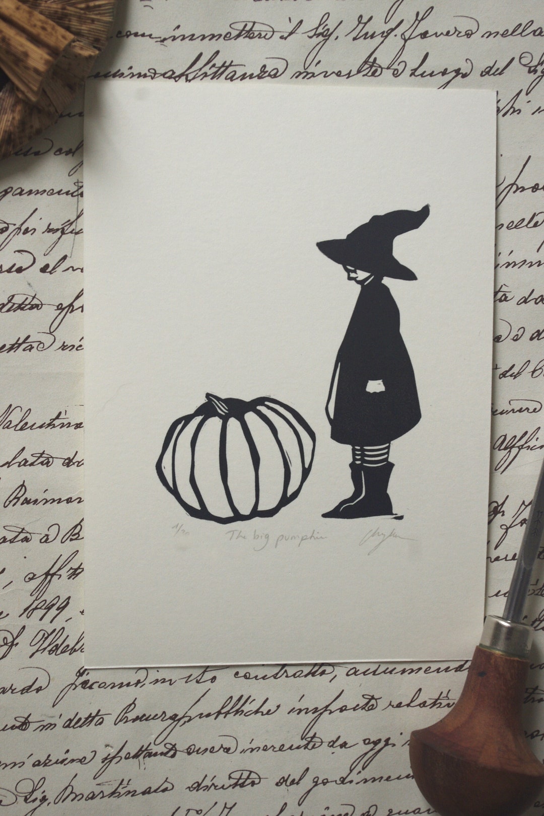Linocut the Big Pumpkin. Hand Printed. Hand Printed Linocut. Halloween ...