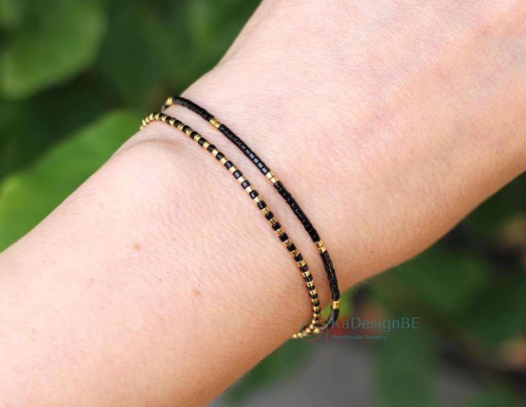 Black Gold Bracelet Stack, Beaded Bracelets for Women, Minimalist ...
