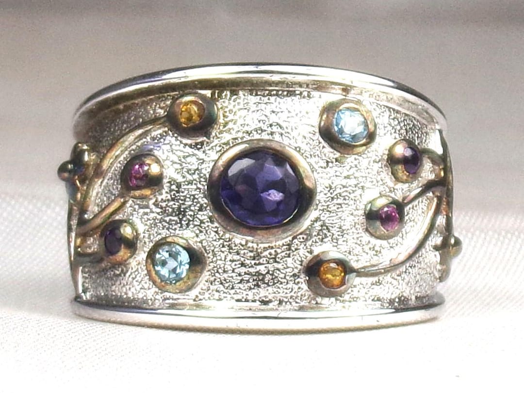 Platinum Sterling Silver Multi Colored Stone Ring - Etsy