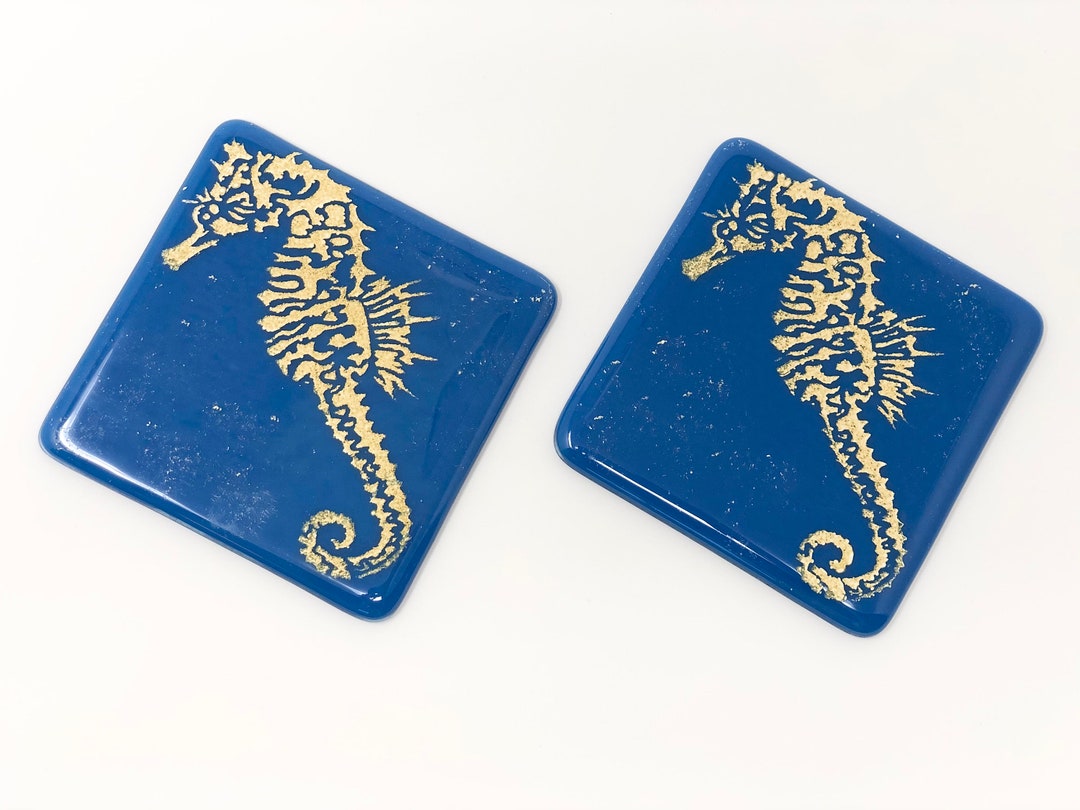 Under the Sea Seahorse Glass Coasters 2 Candle Holder Coaster Set Home ...