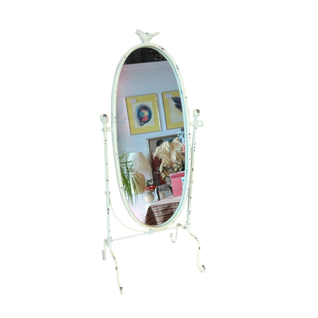 Vintage Cottage Core Standing Oval Mirror W/ Bird & White Painted Cast ...