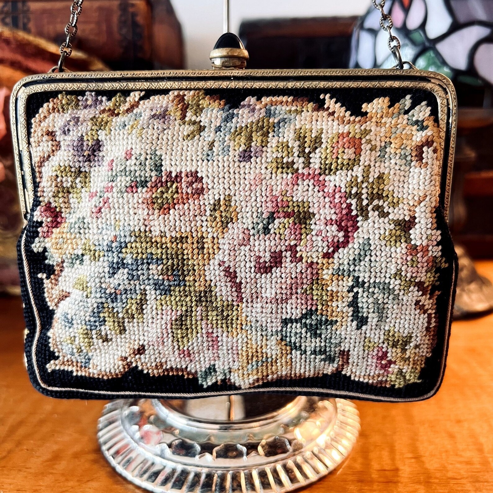 Antique Small Petite Point Floral Needlepoint Tapestry Purse, Ornate ...