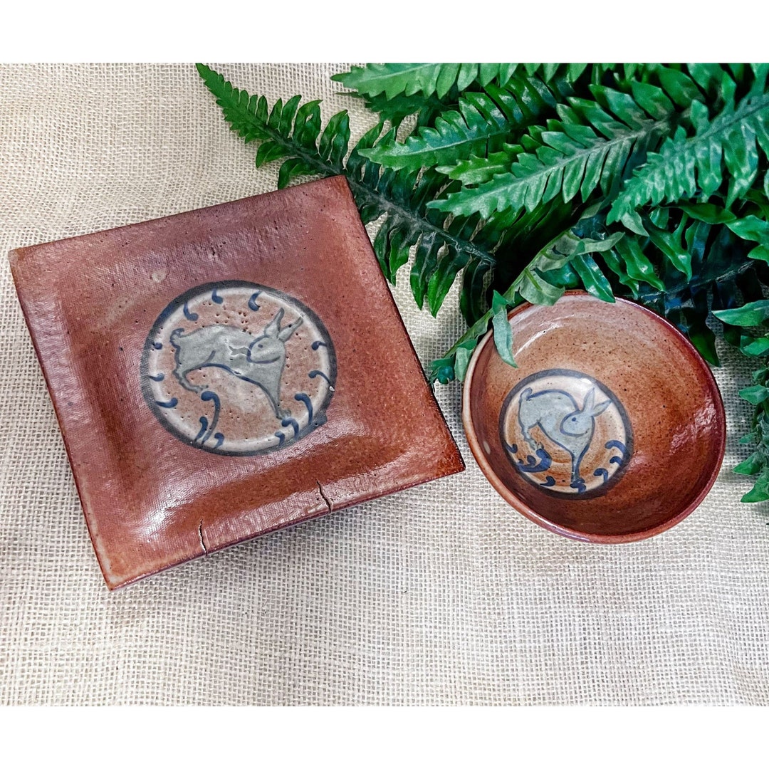 Vintage Art Studio Stoneware Clay Pottery Glazed Rabbit Bowl & Plate ...