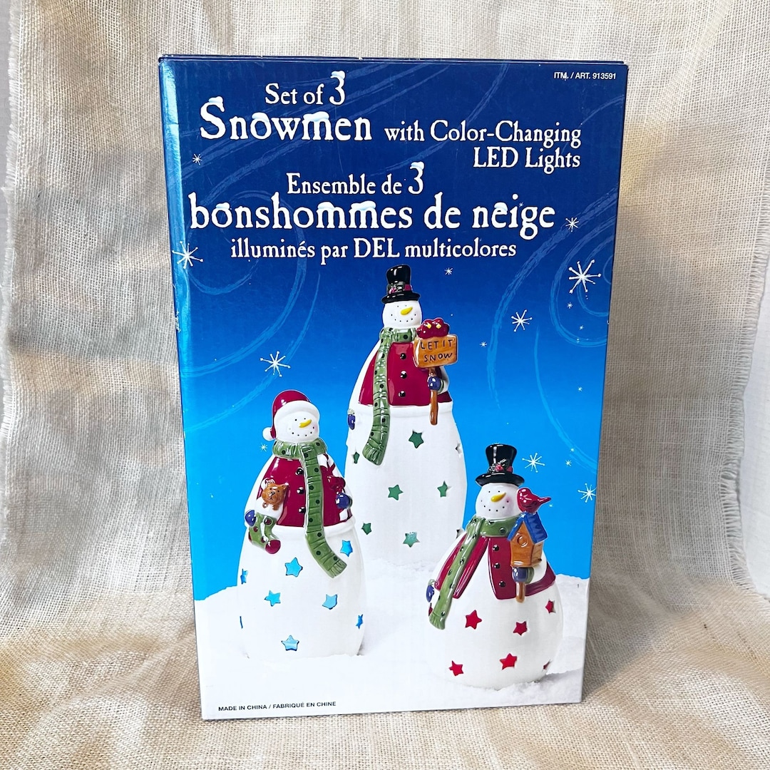 NEW in Box Set 3 Ceramic Snowmen Color-changing LED Lights / Christmas ...