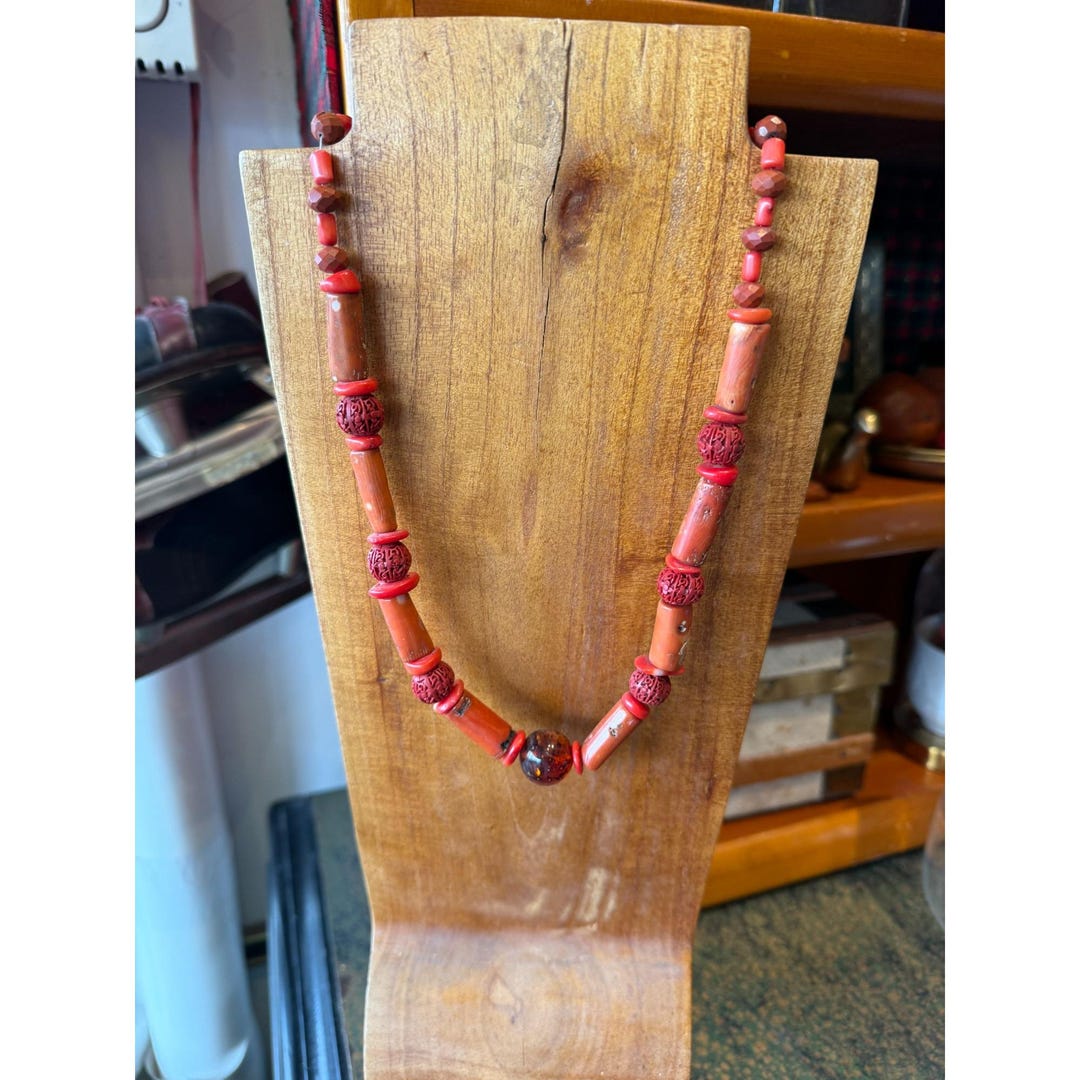 Vintage 22" Red Coral & Cinnabar Beaded Necklace With Jasper ...