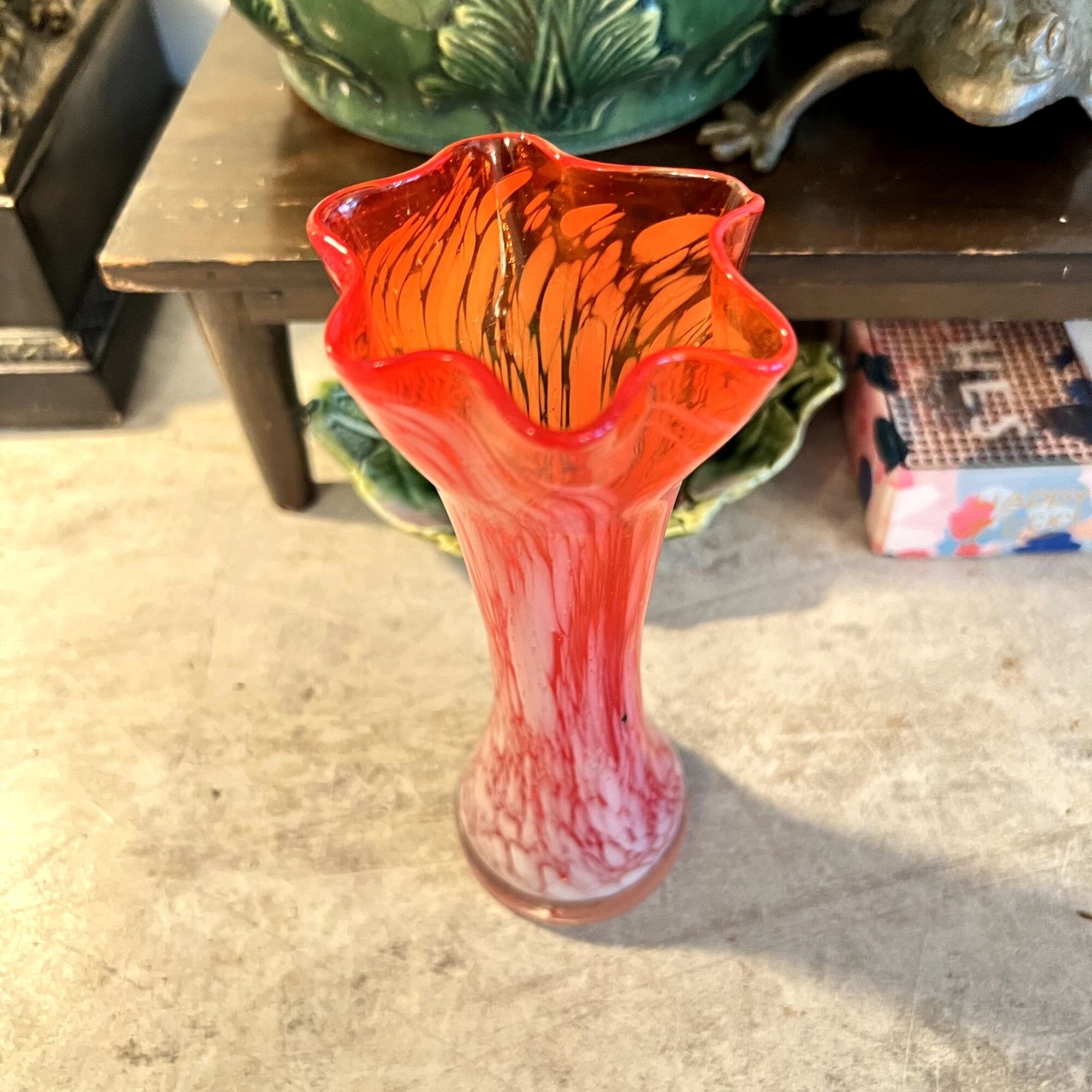 Vintage Retro Red & Orange White Art Glass Ruffle Top Flower - Etsy