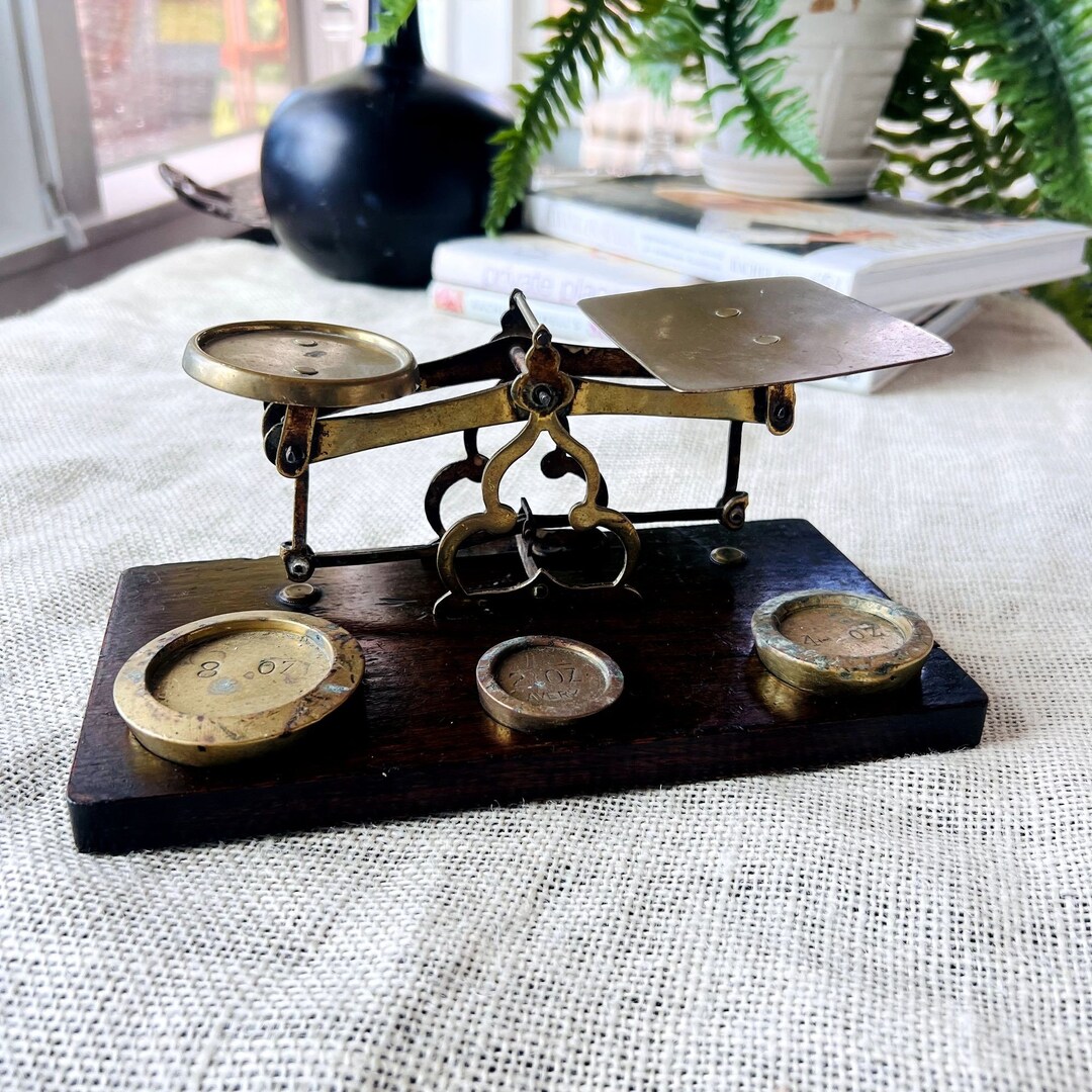 Antique Small Brass Postal Letter Scales With 3 Weights on an Old Wood ...