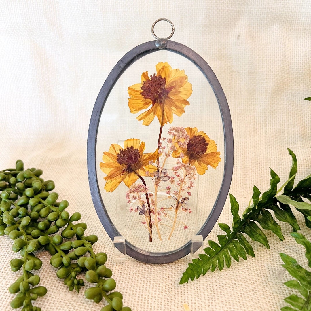 Vintage Leaded Glass Dried Flower Art / Ditzy Floral / Retro Boho Decor ...