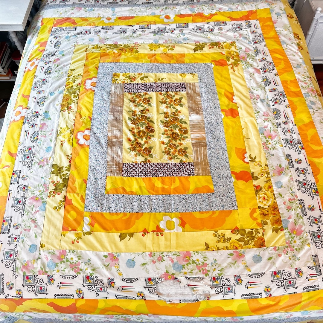 1970’s Groovy Ditzy Floral Home Made Quilt Orange Yellow Pink Flowers ...