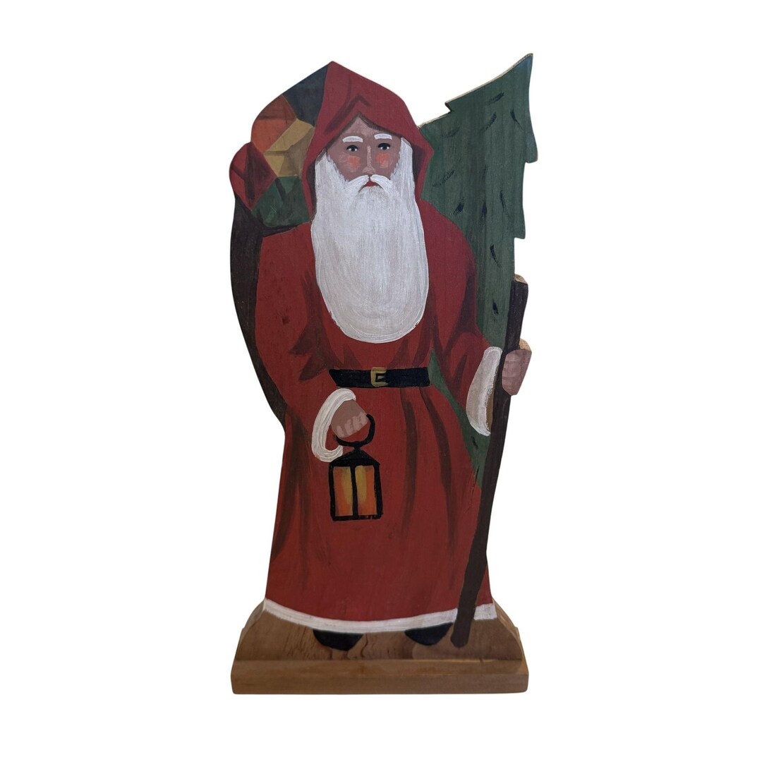 Handcrafted Wooden Folk Art Santa Claus With Lantern & Tree 16" Old ...