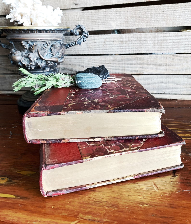 Antique Leather Bound Marbleized Red Books - Etsy